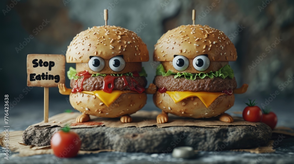 Whimsical plea: cartoon characters, fast food holding a sign 'Stop ...
