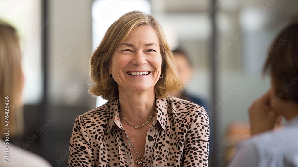 Blonde middle aged professional business woman smiling to her clients ...