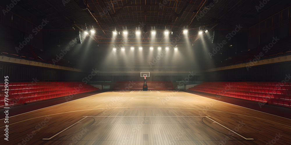 An empty basketball court is illuminated by spotlights, creating ...