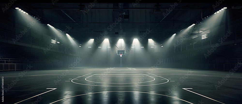 An empty basketball court is illuminated by spotlights, creating ...