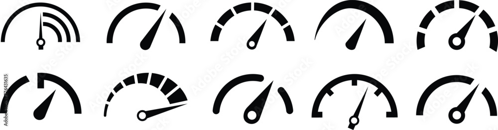Speedometer, tachometer black icons set isolated on transparent ...
