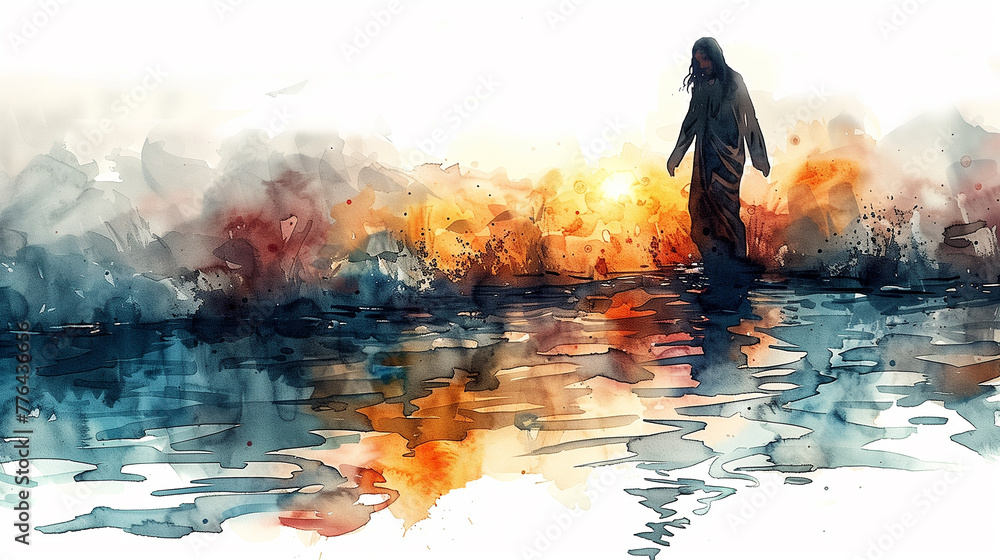 Obraz Jesus christ, god walks on water miracle. Watercolor painting ...