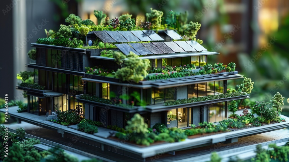 An architectural model of a green building, featuring solar panels ...