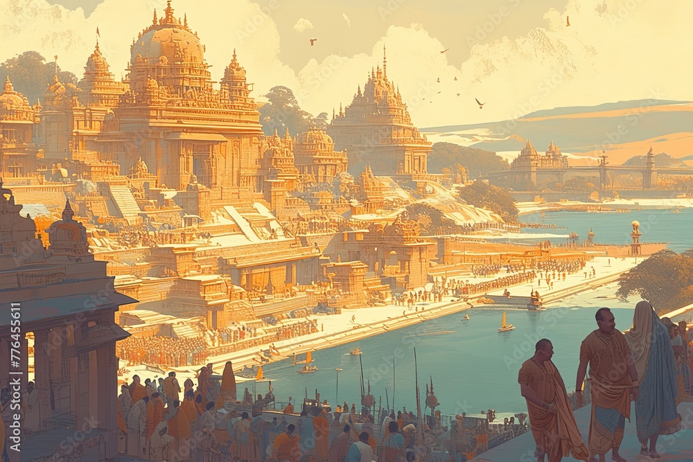 An orange colored image of ancient India, where many Hindu monks and ...
