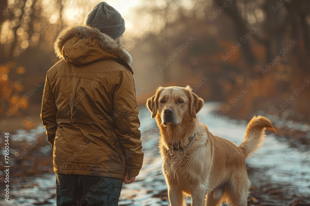 A faithful canine companion wagging its tail beside its owner ...