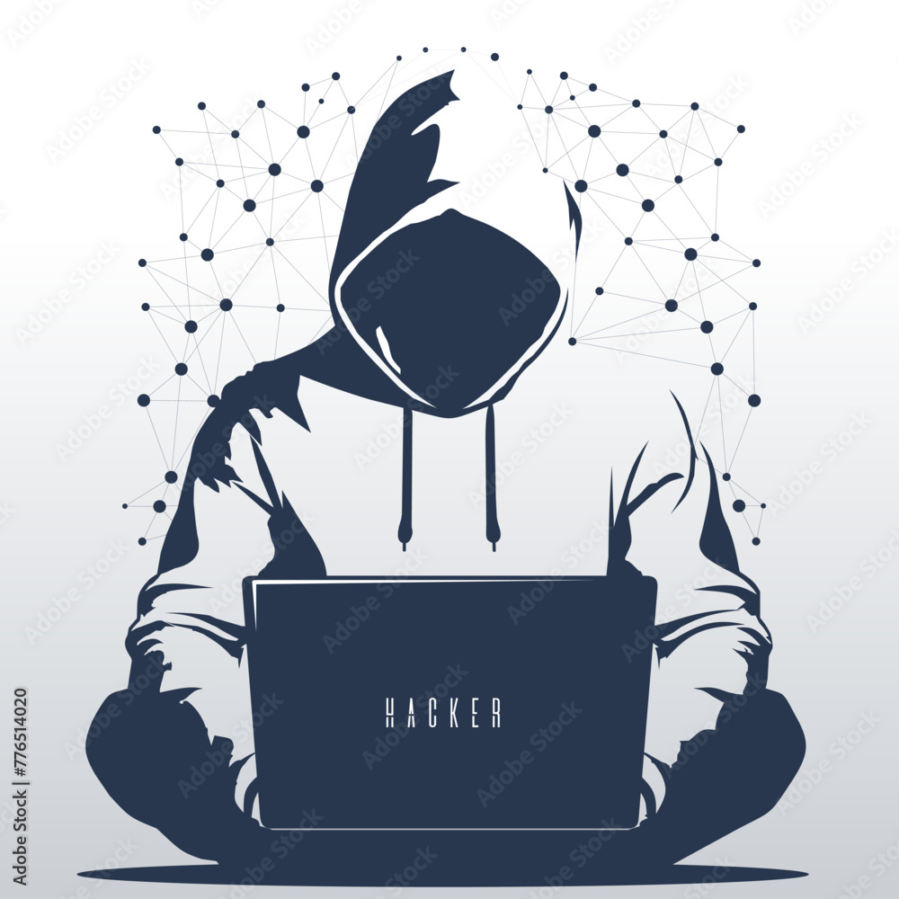 Hacker logo. Computer hacker with laptop. A guy in a hoodie sits on the ...