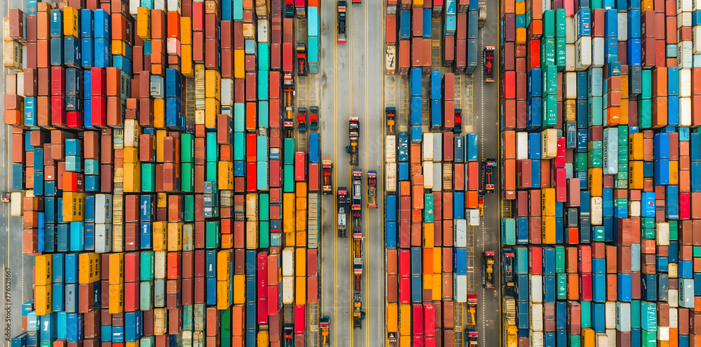 Aerial view, industrial port with colorful shipping containers stacked ...