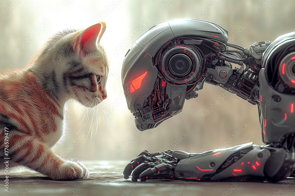 A kitten, with a natural and attentive posture, stands face to face ...