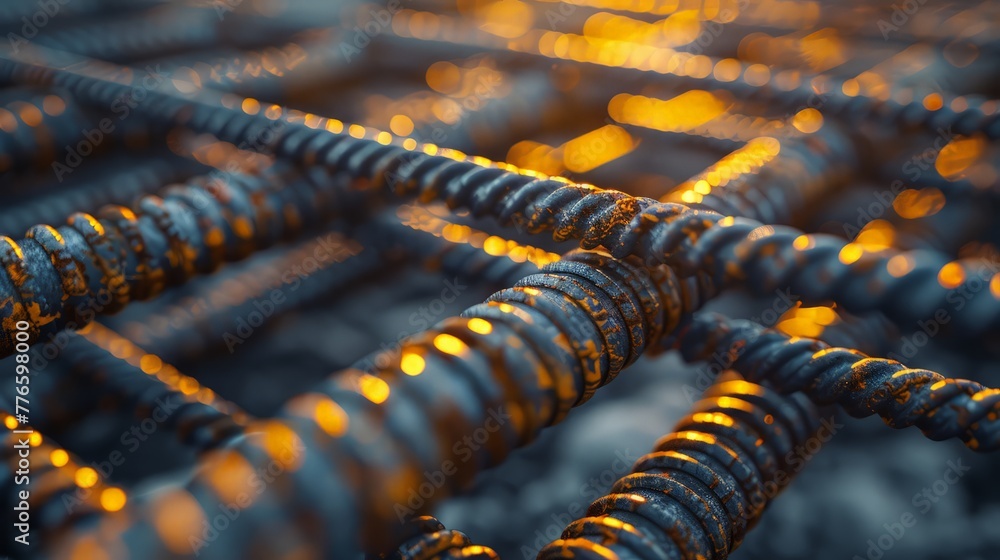 Rebar mesh. Detailed visualization of rebar mesh tying in progress, a ...