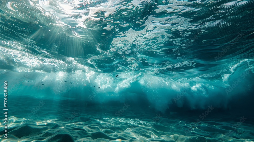 Depict an underwater perspective of waves from below the surface ...