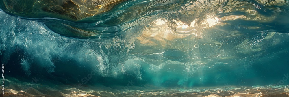 Depict an underwater perspective of waves from below the surface ...