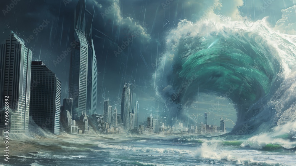 the powerful surge of a tidal wave, its massive form looming over a ...