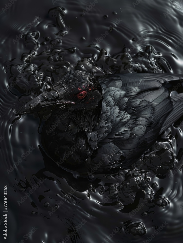 Dark raven in water with red eyes - A macabre depiction of a raven with ...