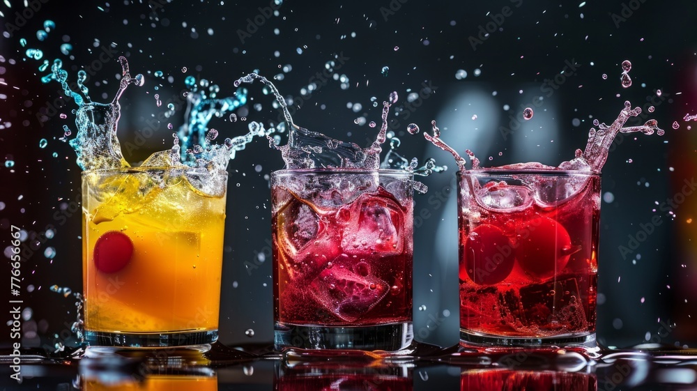 Dynamic liquid splash with glasses - Three glasses with different ...