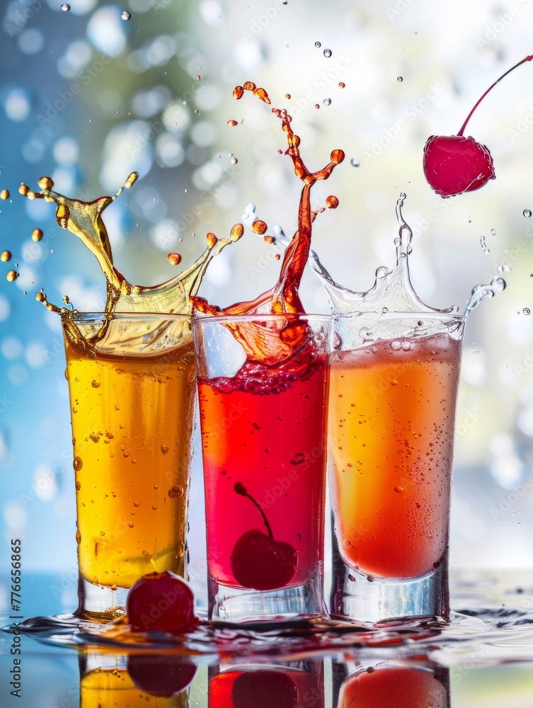 Colorful drinks splashing in glasses - Three vibrant glasses with liquid splashing out capture ...