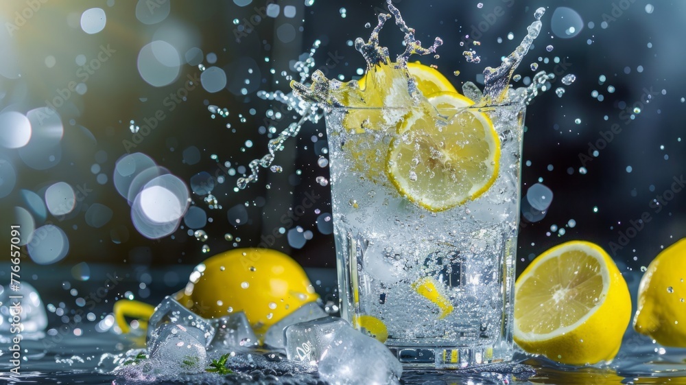 Sliced lemons splashing in clear water in a glass - Vivid image of sliced lemons with a splash ...