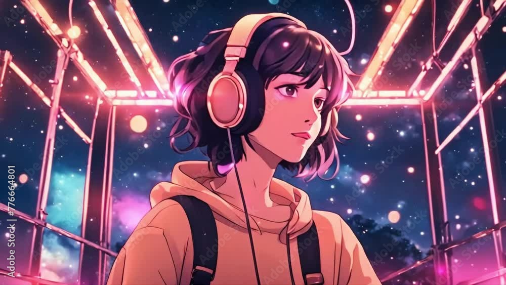 Lofi animation 3d cartoon character girl listening to music in ...