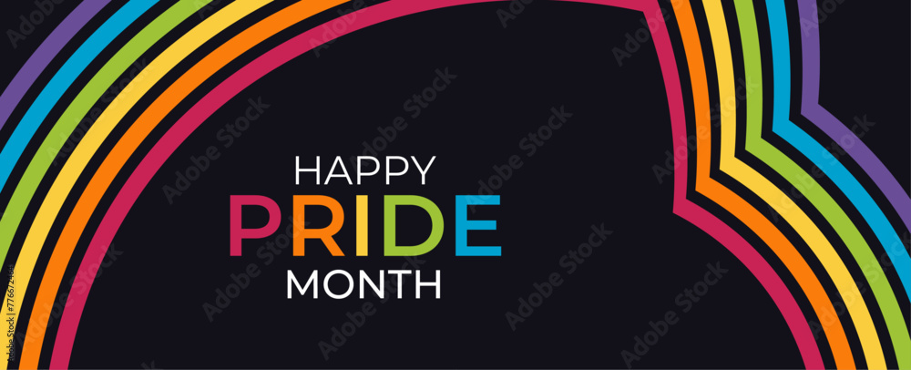 Happy Pride month text and rainbow pride ribbon roll wave on circle dot ...