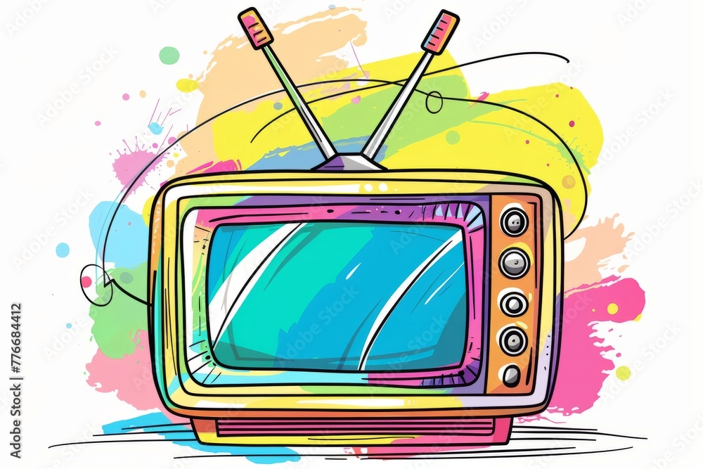 Cartoon cute doodles of an old-school television set with colorful ...