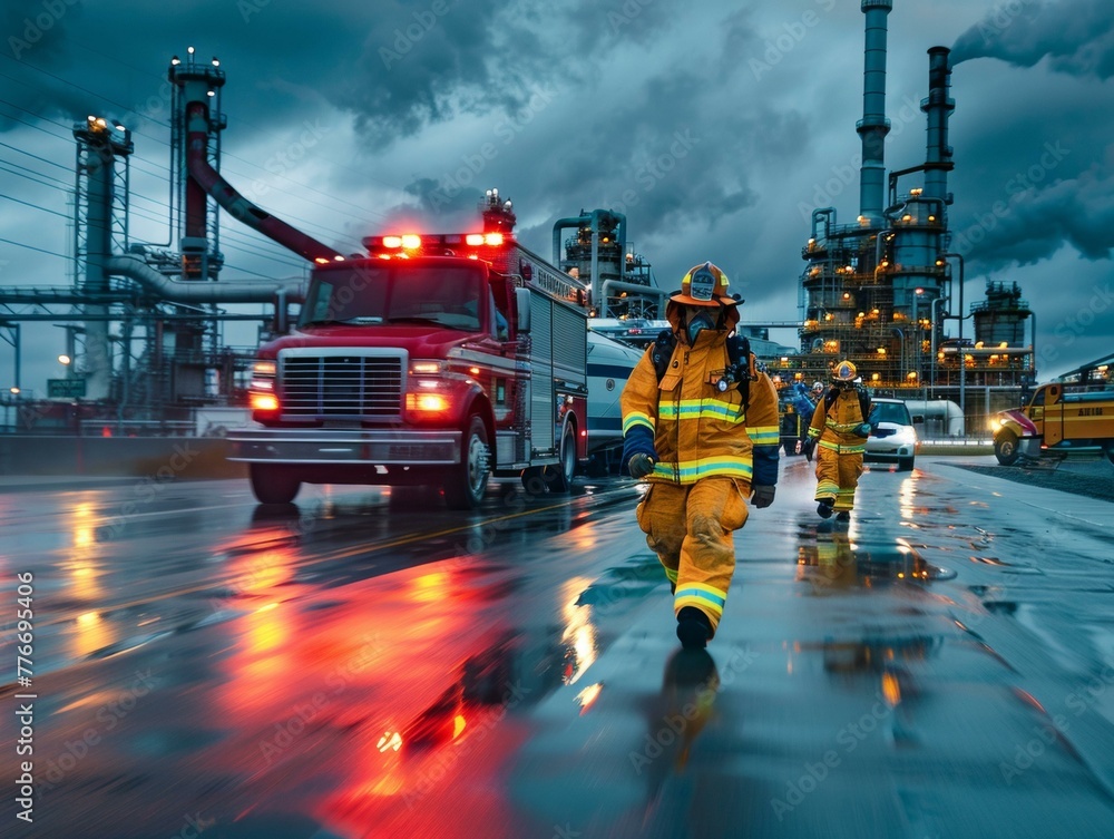 A group of firefighters walking down a wet street in front of an ...