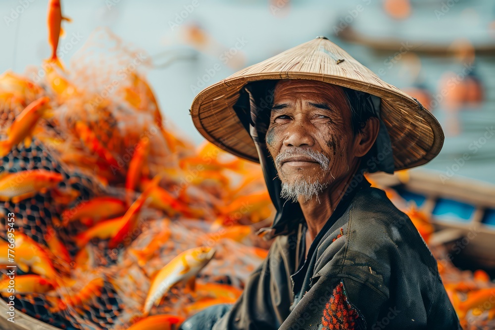 Elderly Asian Fisherman in Traditional Hat Smiling Proudly by Colorful ...