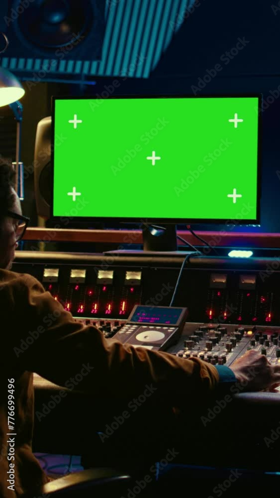 Vertical Video African american music producer working with greenscreen ...