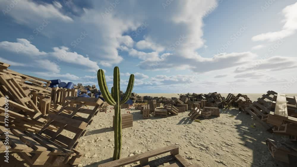 A cactus grew on a landfill of barrels, crates, and wooden pallets in a ...
