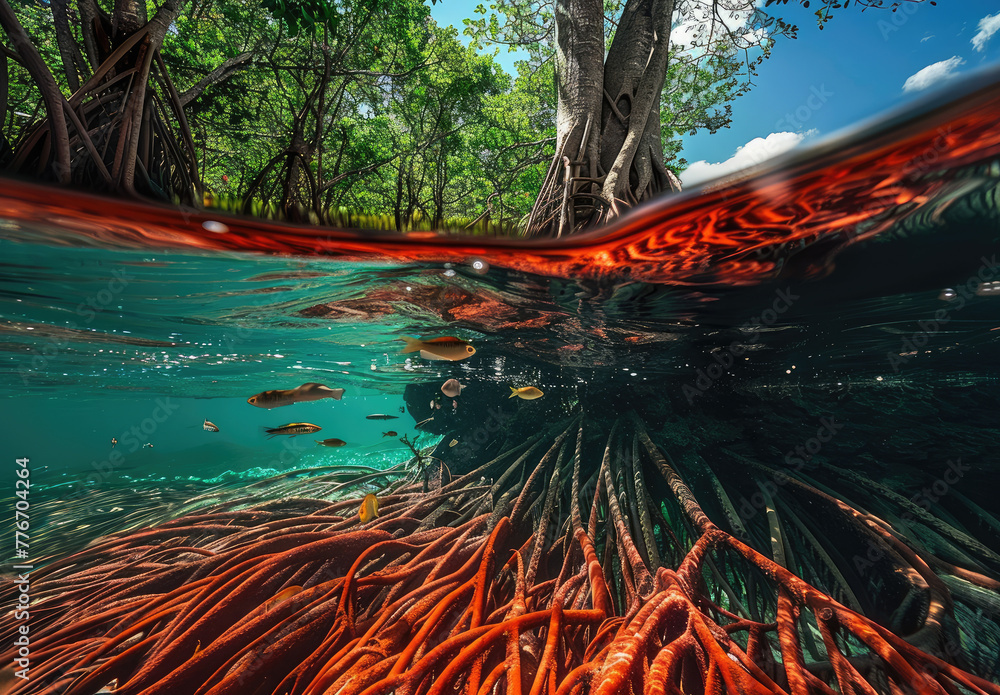 mangroves growing on both sides of shallow water with clear and ...