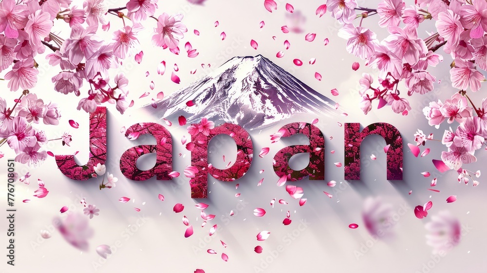 Japan Text Art with Cherry Blossoms and Mount Fuji Background Stock ...