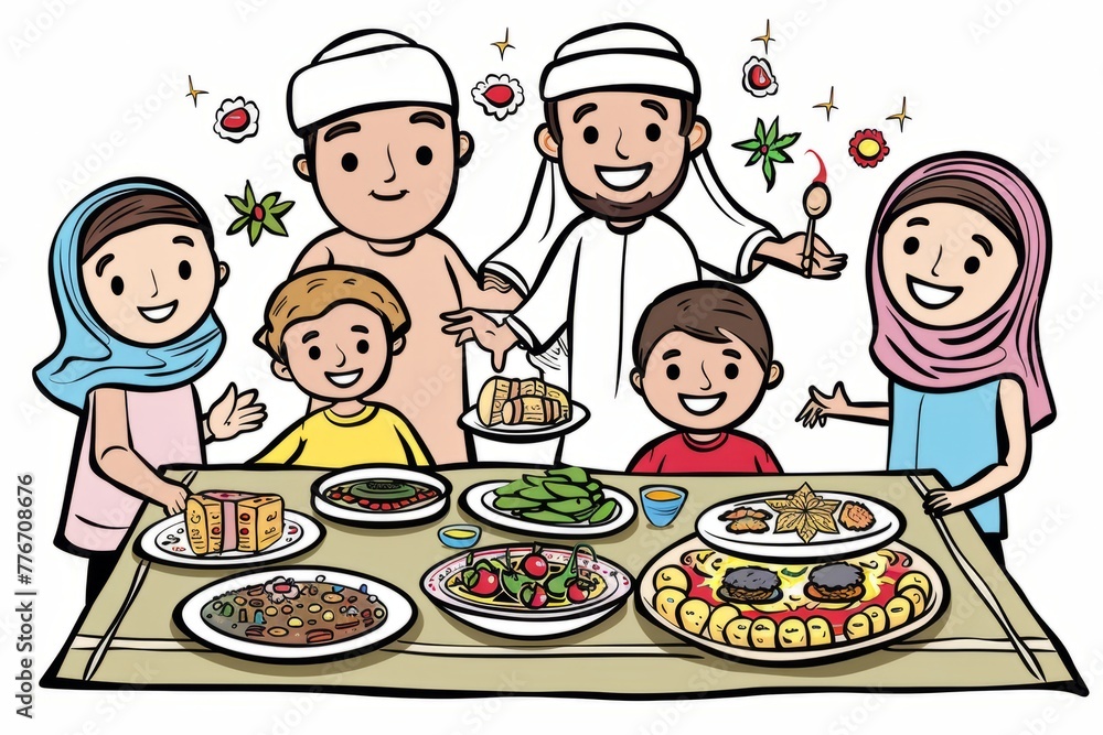 Cartoon cute doodles of families coming together to share a colorful ...