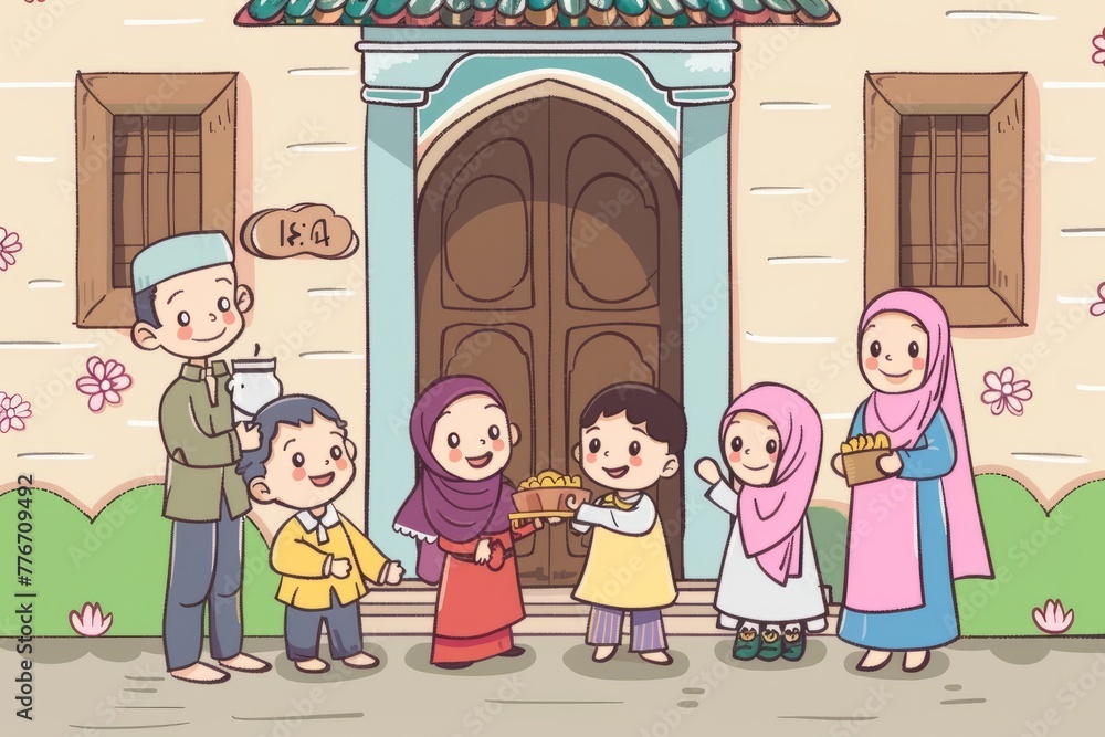 Cartoon cute doodles of families visiting each other's homes and ...