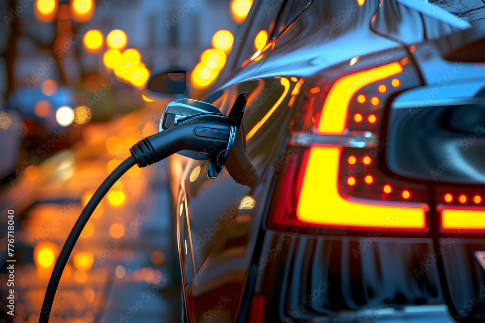 EV car charging at a charging station. A close-up of the EV charger ...