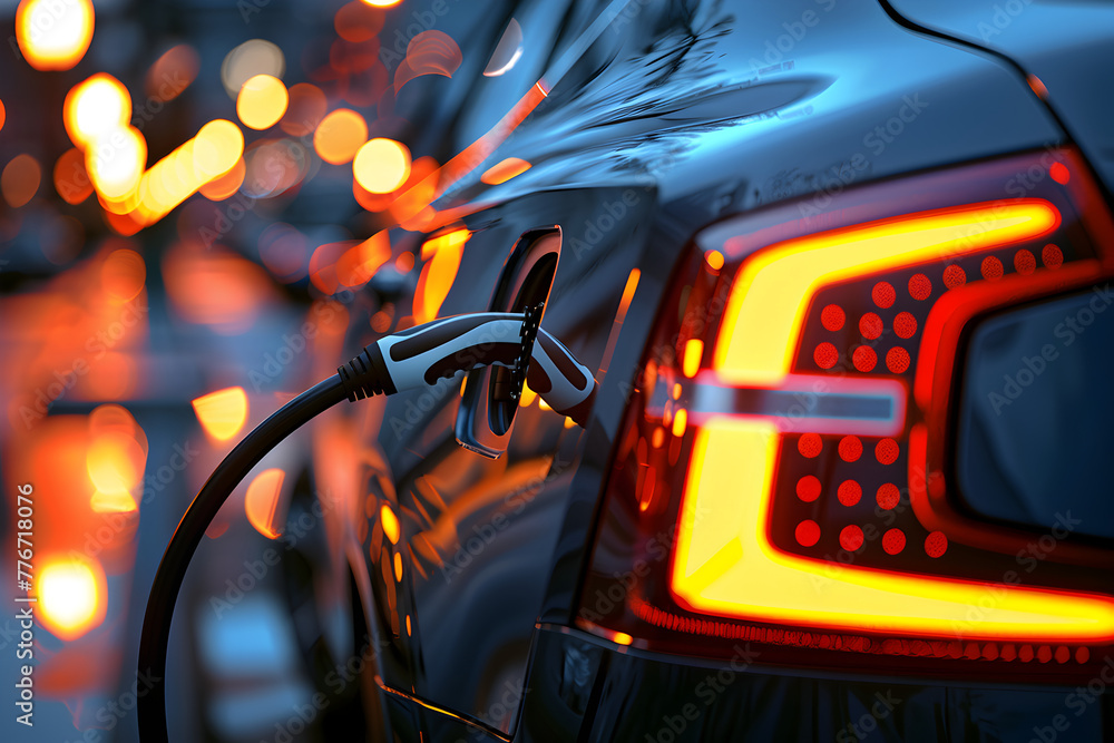 EV car charging at a charging station. A close-up of the EV charger ...