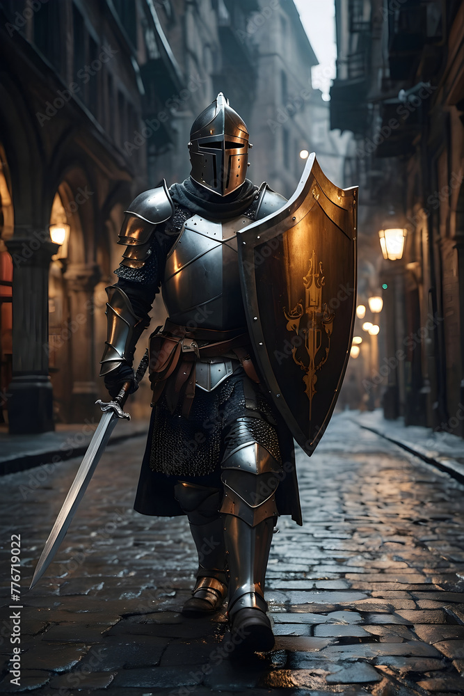 Shadowy Streets Modern Knight Braving City with Enormous Shield and ...