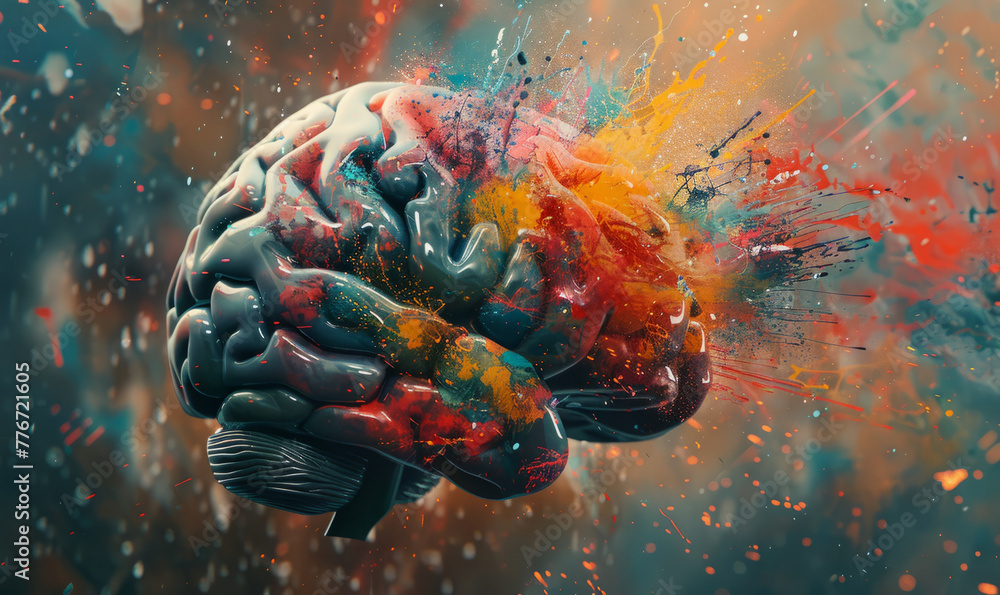 brain with circuits intertwined with paint splatters: Suggests that AI ...