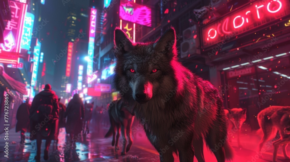 Coyote leading a werewolf pack under the neon lights of a futuristic ...