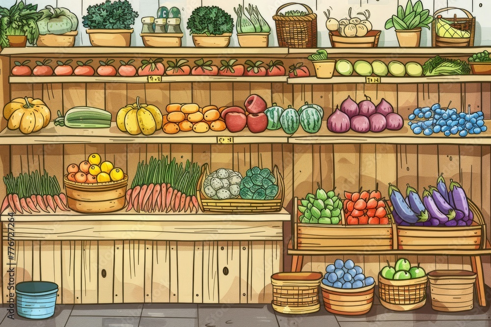 Cartoon cute doodles of a little grocery store with colorful fruits and ...