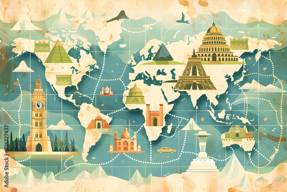 Stylized World Map Highlighting The Seven Wonders And Their Locations ...