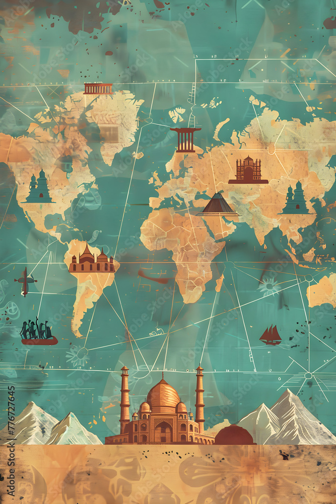 Stylized World Map Highlighting The Seven Wonders And Their Locations ...