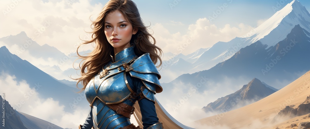 Stunning Female Warrior Blue Armor against Mountain Backdrop -- Banner ...