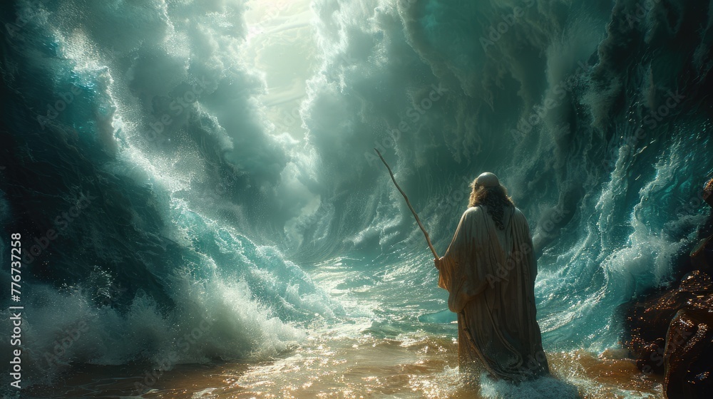 Portrait of the biblical back view of Moses dividing the sea with his ...