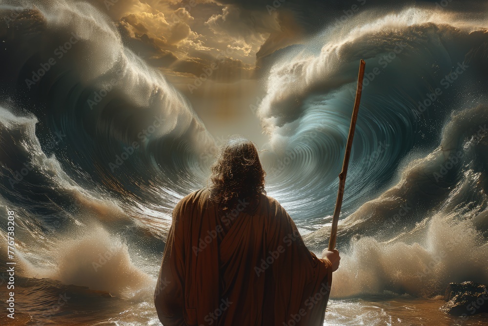 Portrait of the biblical back view of Moses dividing the sea with his ...