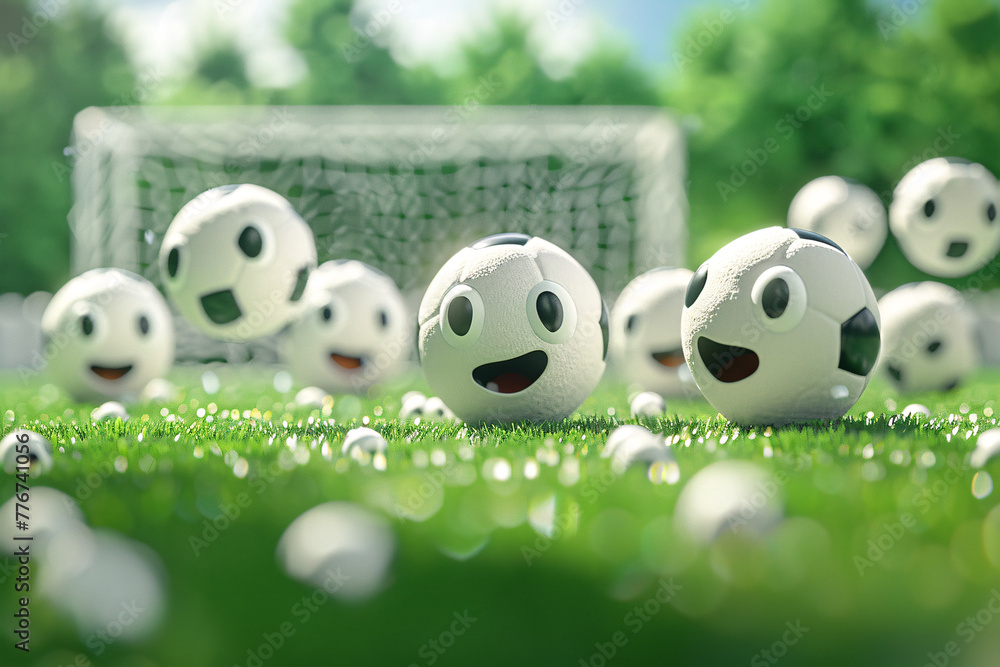 Vibrant minimalist illustration featuring anthropomorphic soccer balls ...