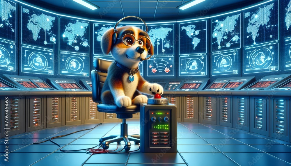 Cartoon dog operating advanced computer systems in a high-tech security ...