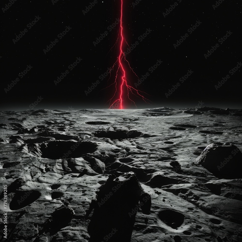 Surrealistic vision of a red lightning bolt on the moon's surface ...