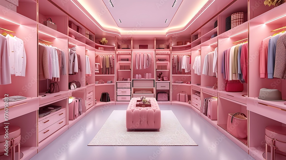 pink luxury closet, with white floors and pink walls, lots of hanging ...
