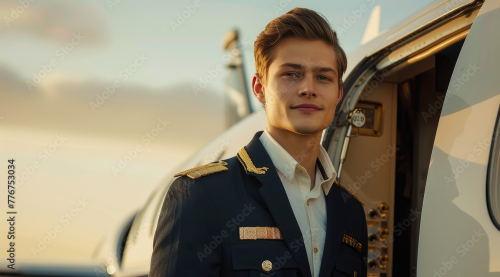 A handsome young man in his late twenties stands next to an airplane on ...