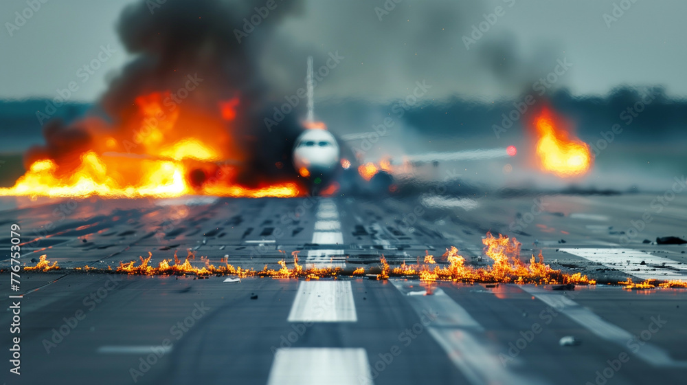 Airplane Crash on Runway, Blurry Out-of-Focus Aircraft Incident with ...