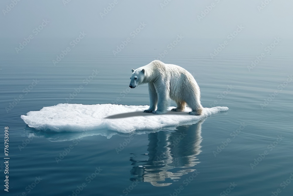 polar bear stranded on a shrinking ice floe symbolizing the loss of ...