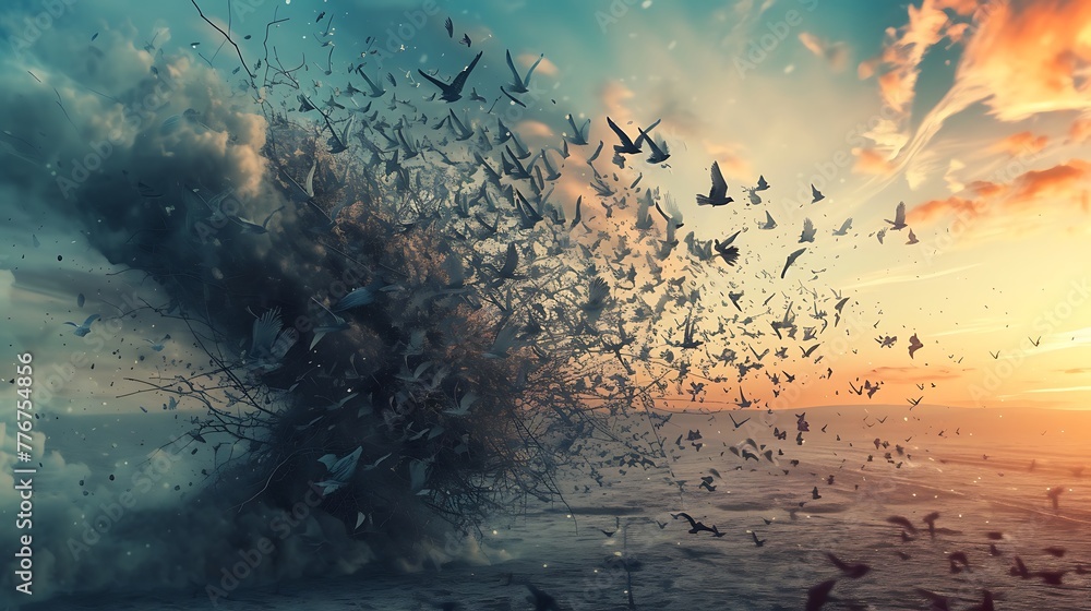 A dramatic photograph of hundreds of black crows flying over the edge ...